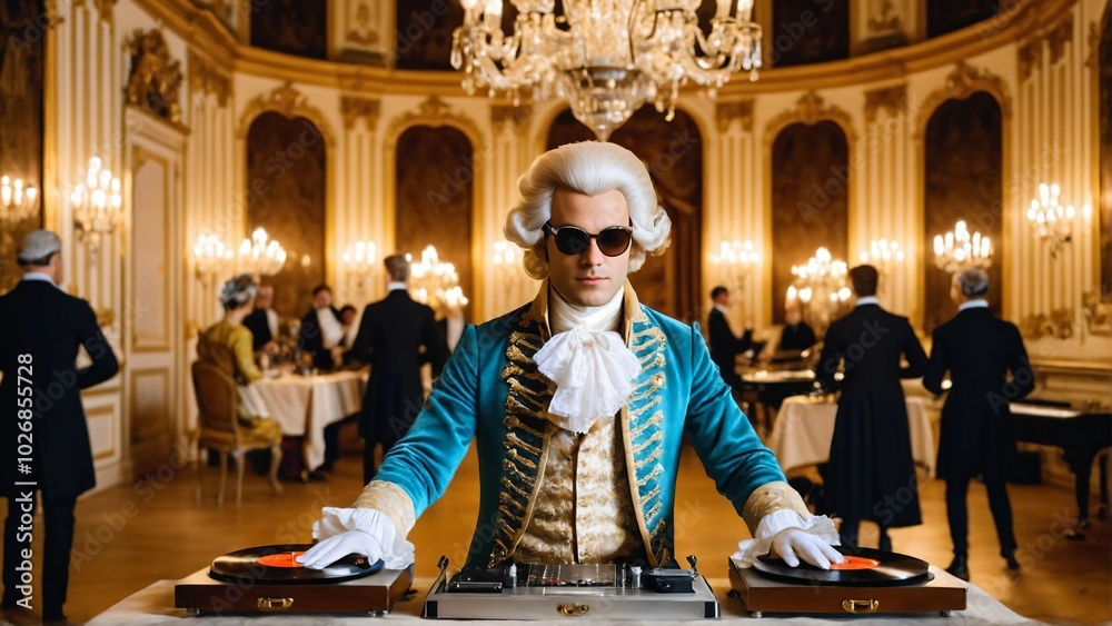 Wulfgang Amadeus Mozart Wearing 18th Century Rococo Costume, Headphones ...