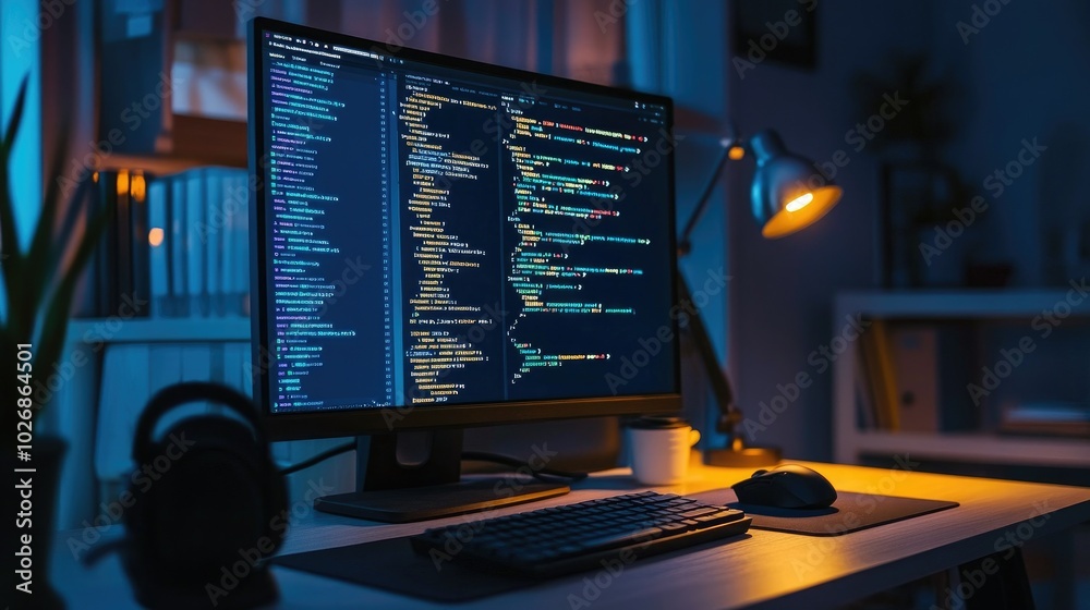 A computer setup with code on the screen, representing learning python ...