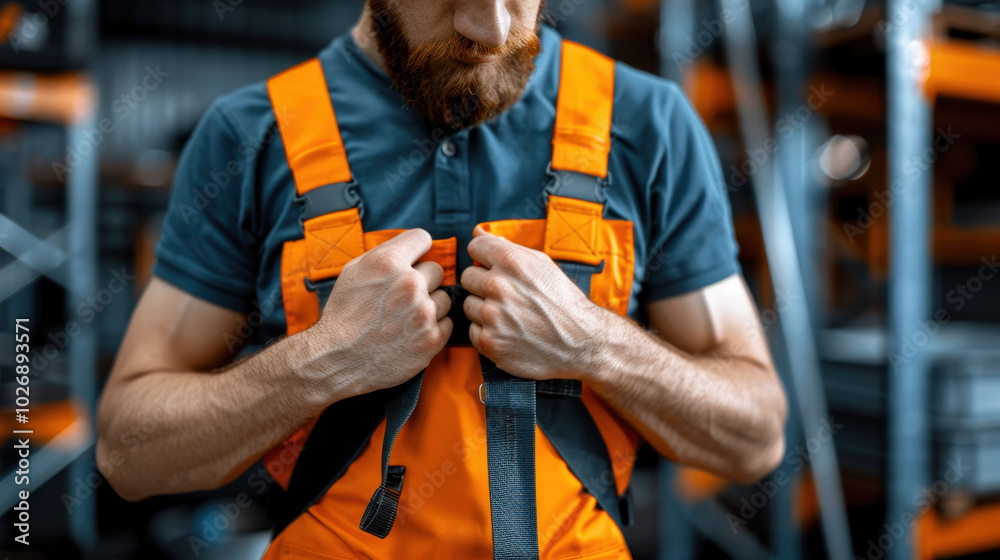 worker inspecting safety harness before use, ensuring proper fit and ...