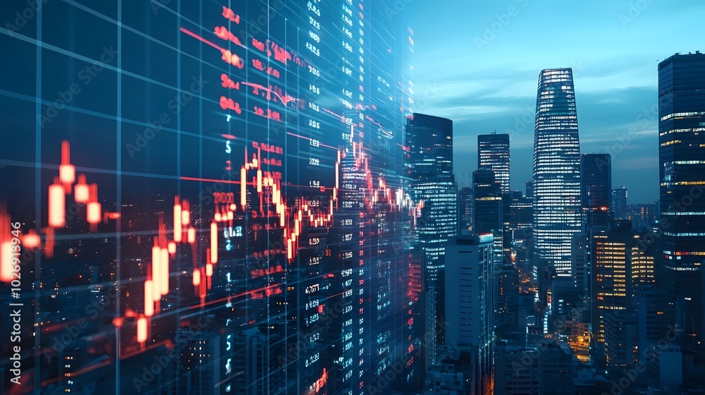 Stock bars on the rise with a city skyline filled with financial ...