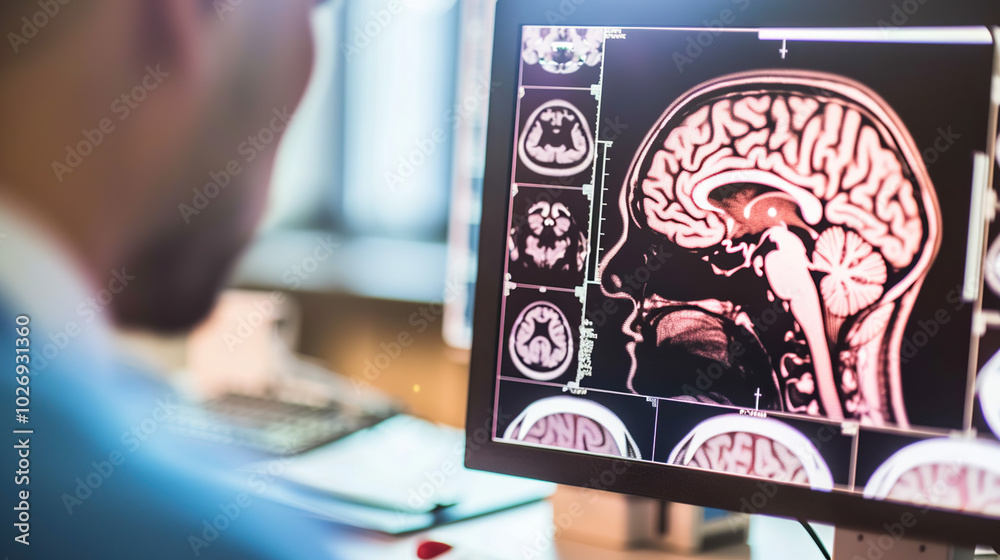 Scientist examining brain scan images on a monitor, focusing on neural ...