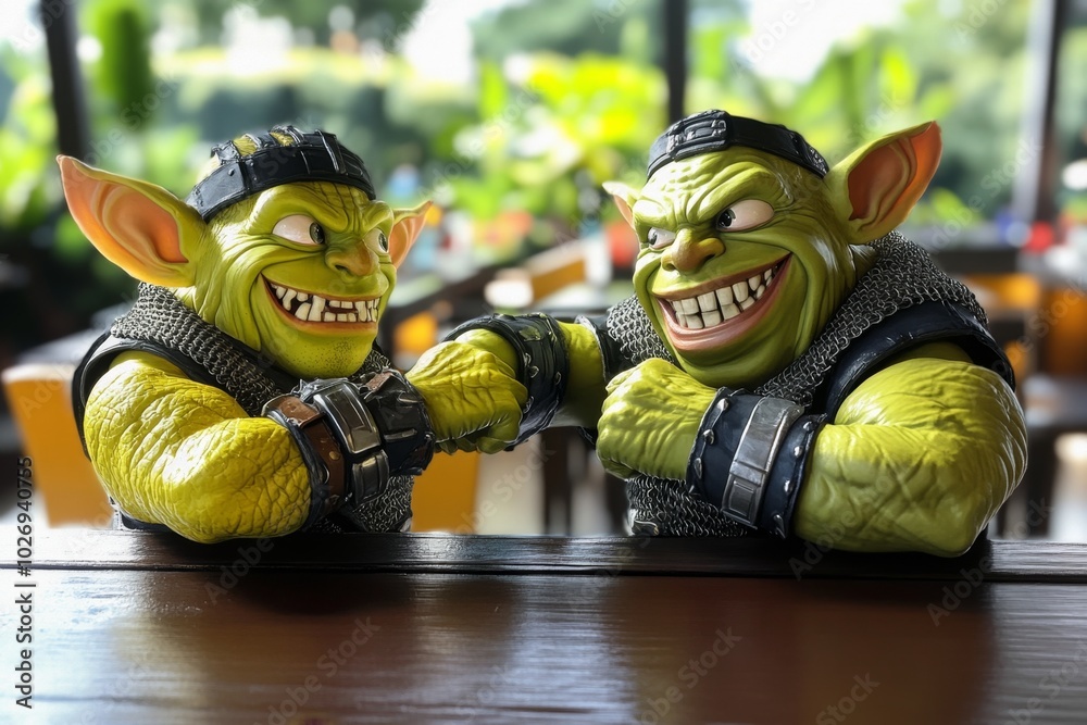 Funny goblin characters in a fantasy tavern, arm-wrestling and telling ...