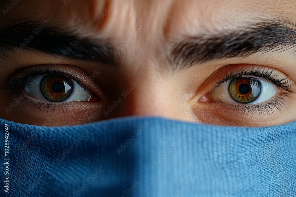 Hyper-realistic close-up of a healthcare workerâ€™s face behind a mask ...