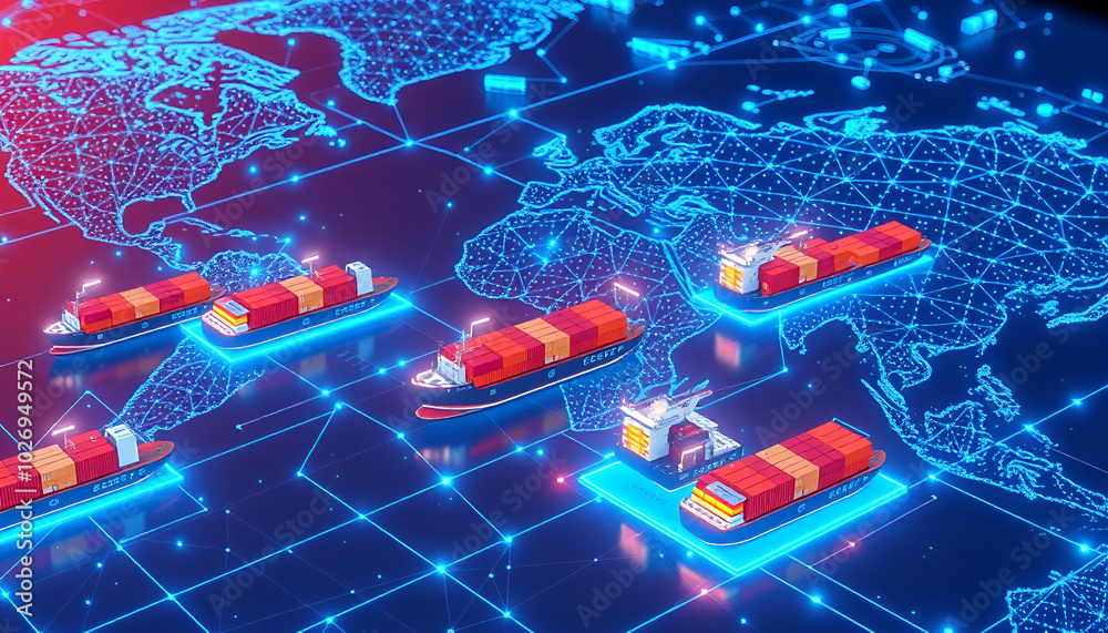 Holographic network of container ships on a digital ocean map ...