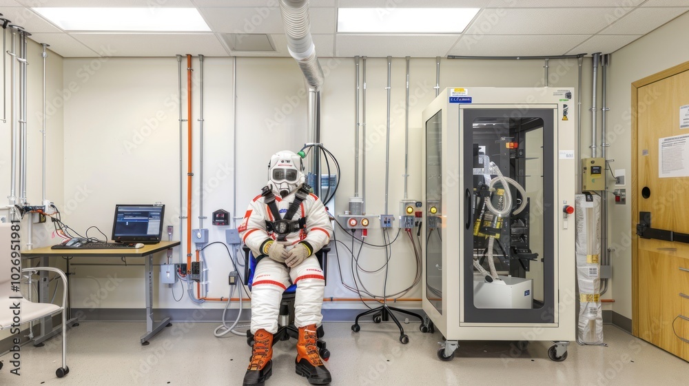 Astronaut in Training Suit Sitting in a Chair in a Laboratory Setting ...