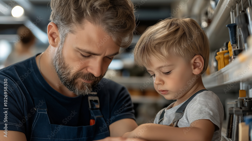 A father with his young son in a hardware store, shopping for tools and ...
