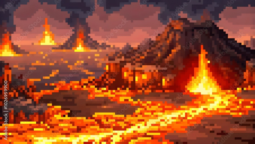 Lava flow in a fiery volcanic landscape pixel art background. 8-bit ...