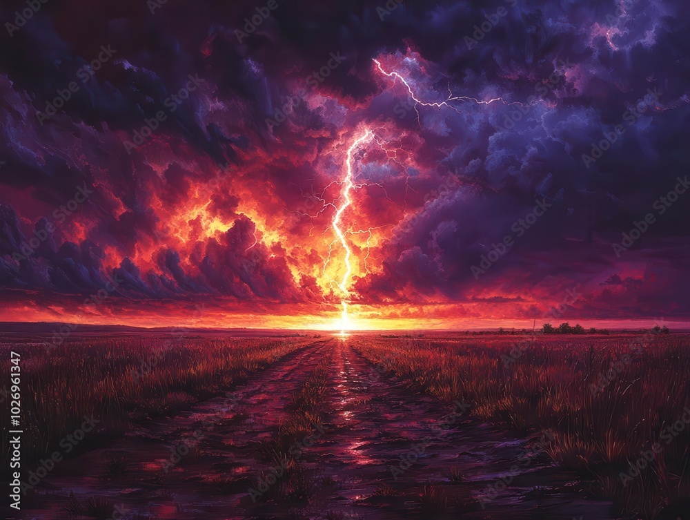 amidst a fiery sunset, nature's dramatic power is captured as lightning ...