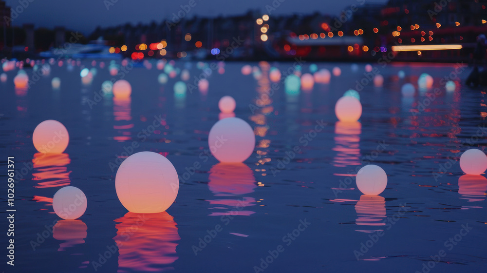 A waterfront light festival with glowing orbs floating on the river ...