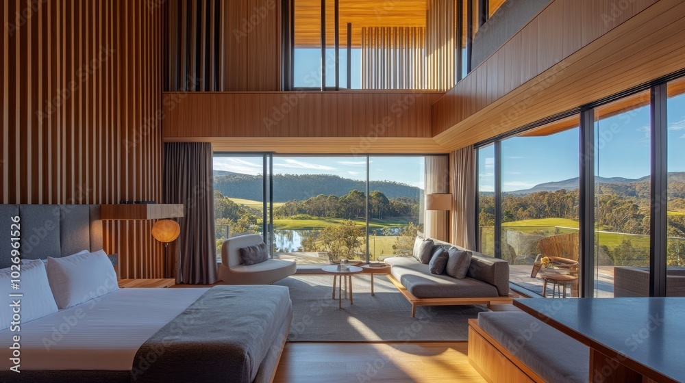 A luxurious two-story hotel room with natural oak slat wood paneling ...