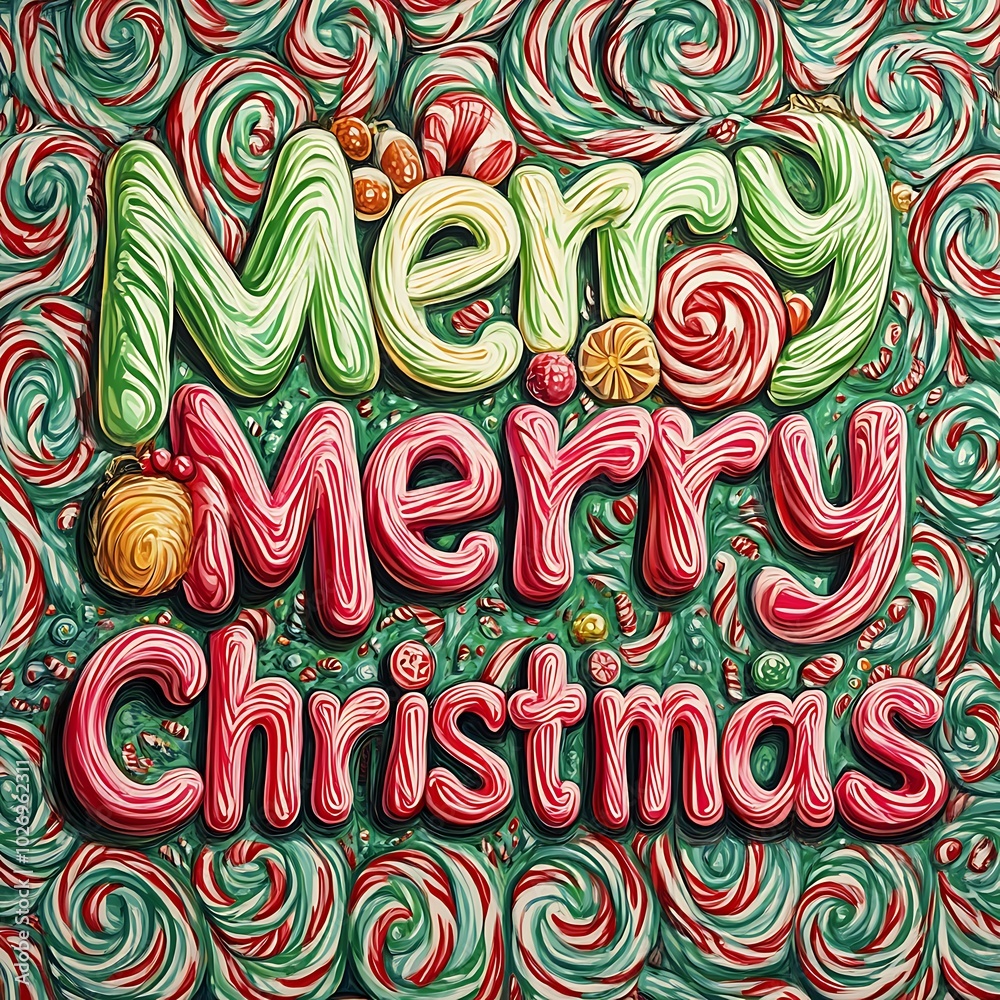 "Merry Christmas" written in playful candy fonts, each letter a ...