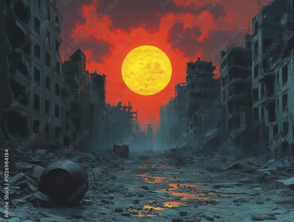 desolate street in a devastated cityscape, portraying an apocalyptic ...