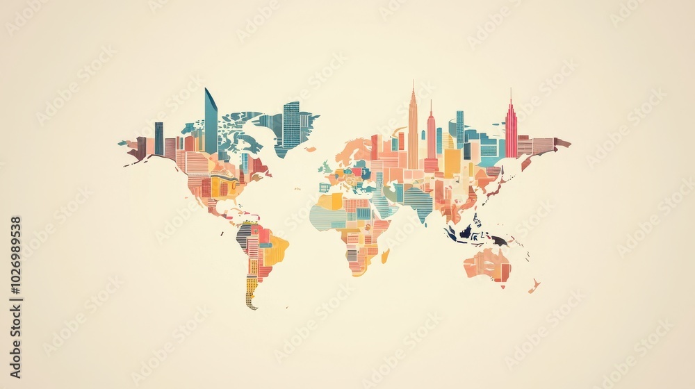 Simplified world map with major cities marked, thin lines and clean ...