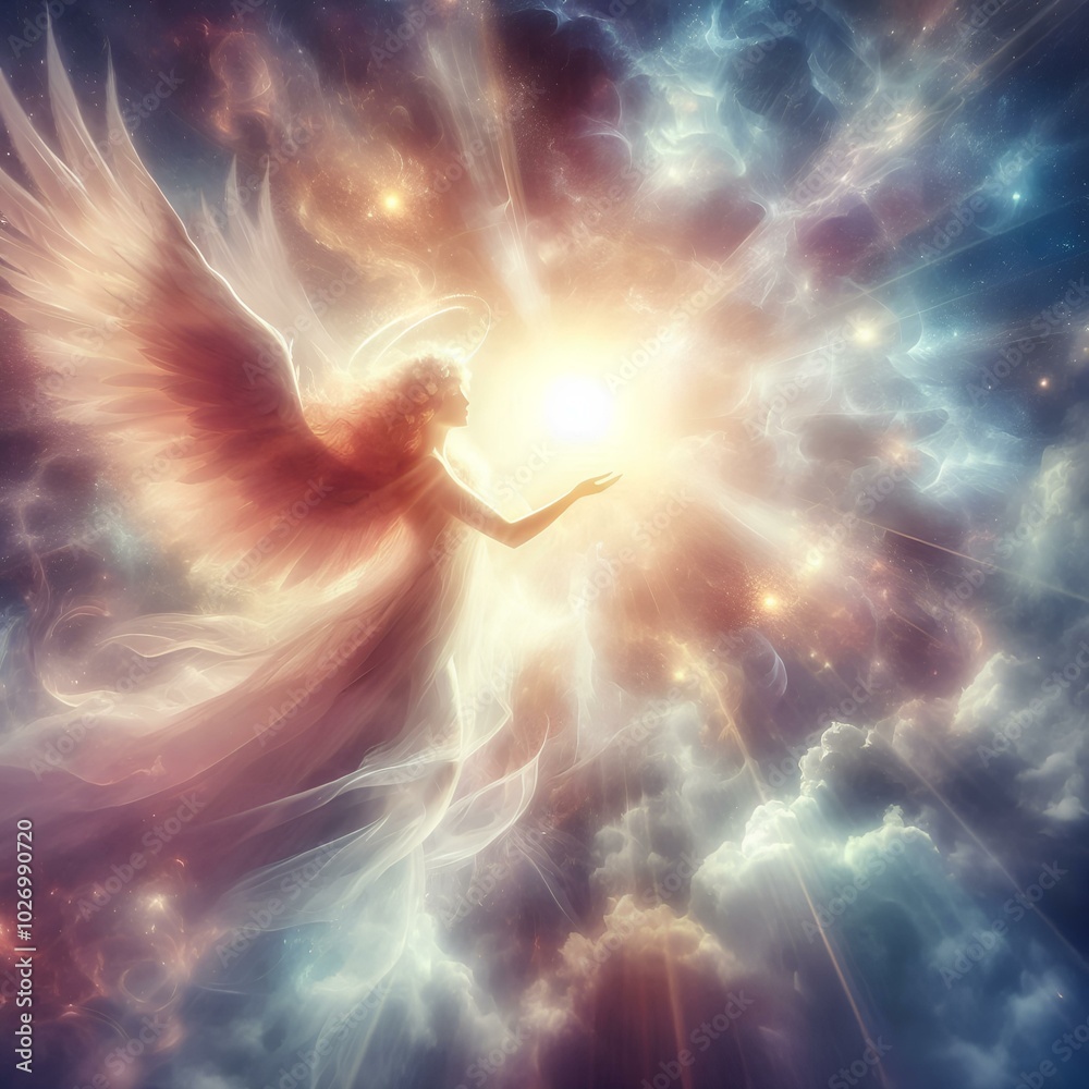 celestial angelic figure illuminated by radiant light in a heavenly ...
