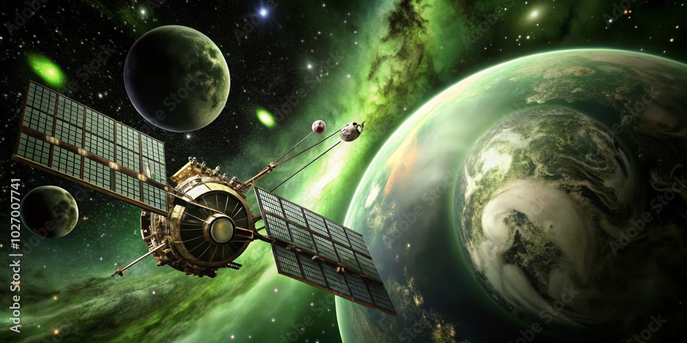 Satellite 3D Model in Low Light Outer Space Orbiting a Planet for ...