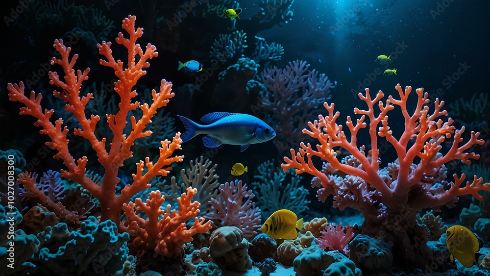 Coral Reef at Night with a Radiant Glowing Fish – Marine Life in the ...