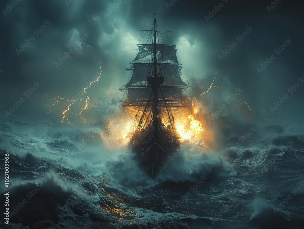 majestic old sail ship battling ferocious waves in a stormy night sea ...