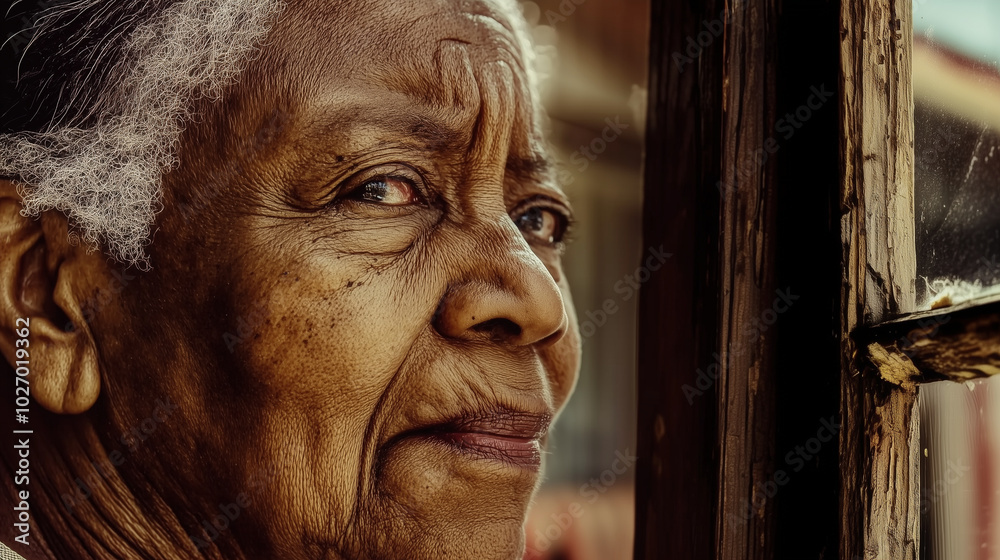 Closeup portrait of elderly black woman with a grave facial expression ...
