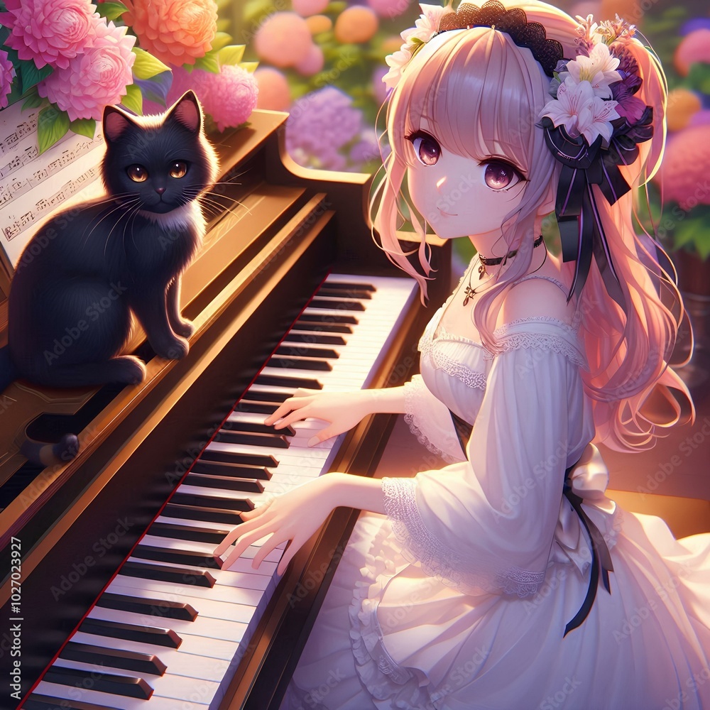 Beautiful anime girl playing a piano with cute black cat. Woman pianist ...