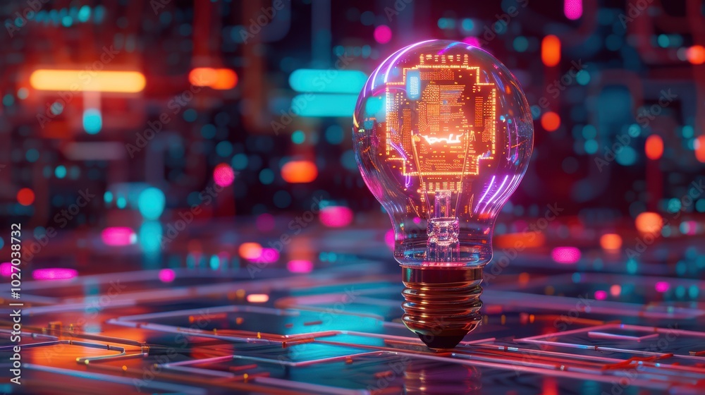 Digital innovation in a neon bulb on the blur of modern technology ...