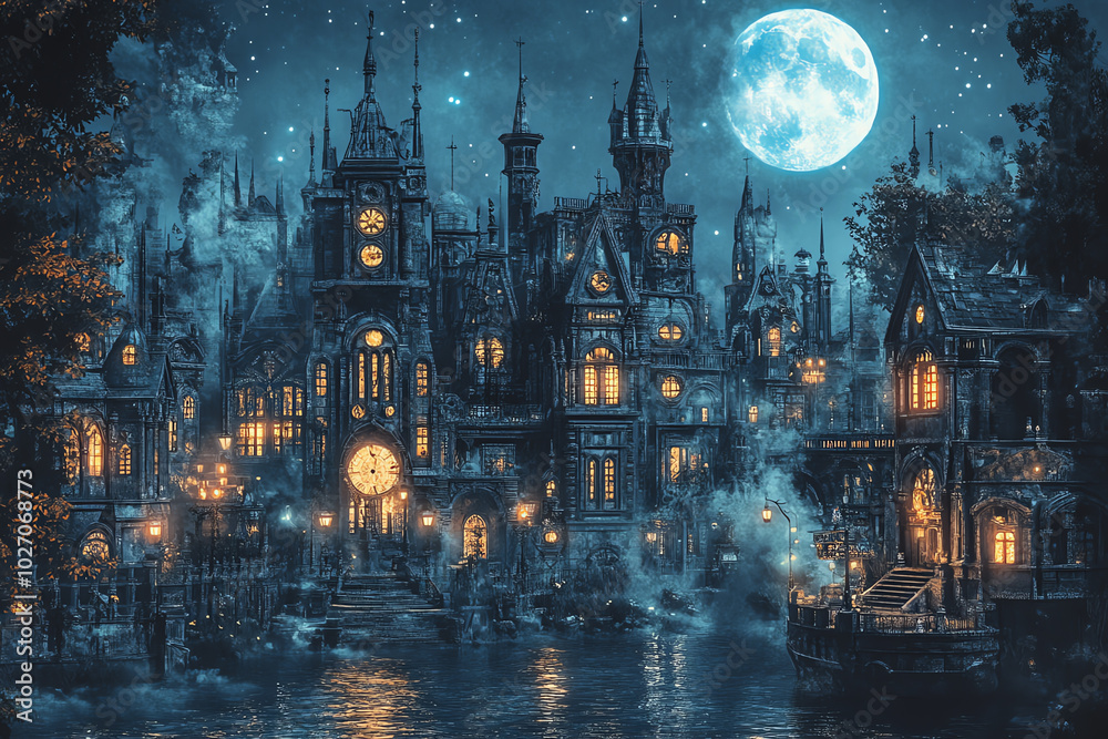 Design a panoramic view of a haunted steampunk town at night, with ...