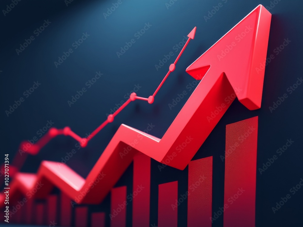Bold red upward arrow and rising graph on a dark background symbolizing ...