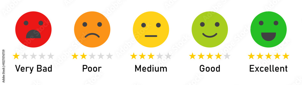 Feedback star rating emoji icon set in different color. Rating emojis ...