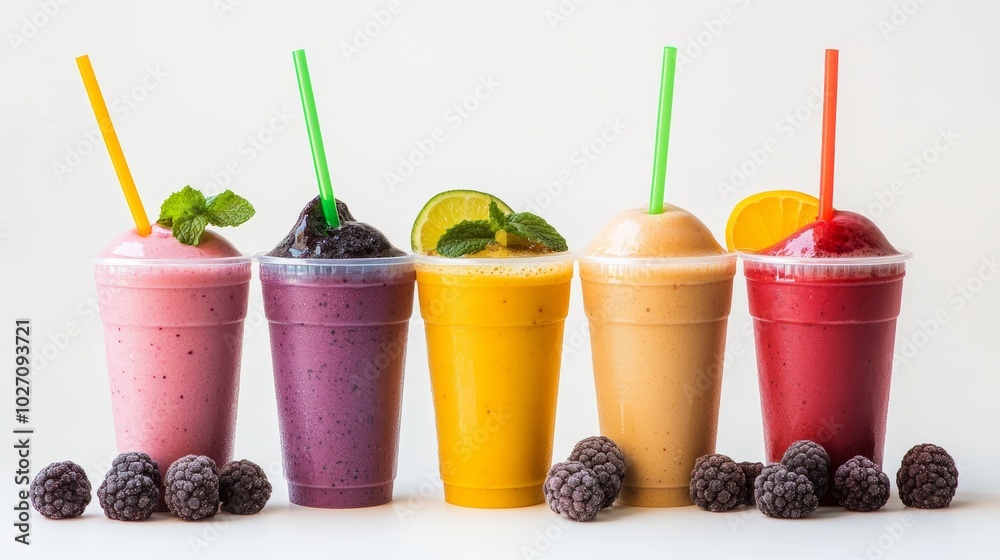 Five colorful smoothies in plastic cups with straws, decorated with ...