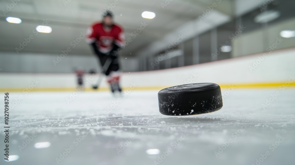 Fast flying hockey puck glides across the ice with a blurred player ...