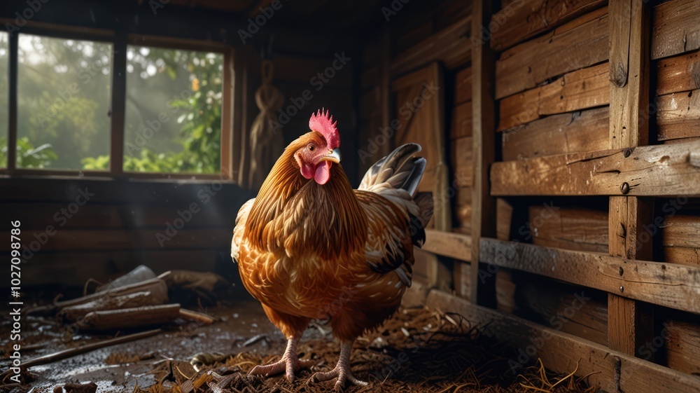 a hen standing proudly in the rain, its feathers ruffled by the wind ...