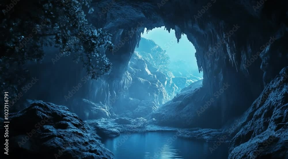 Scene of a cave with a river below, Camera slow motion with different ...