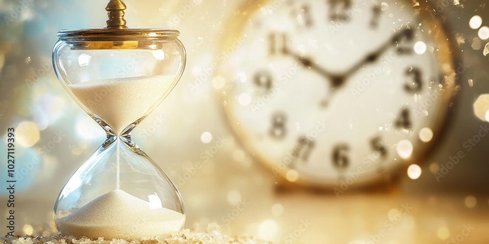 An elegant hourglass and a classic clock. They symbolize the passing of ...