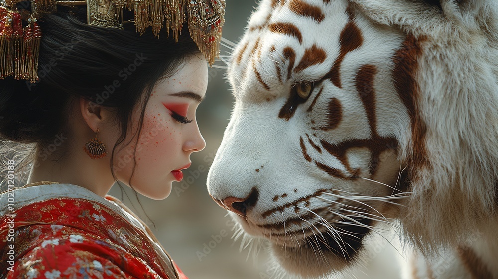 Hyperrealistic interaction between a European woman dressed as a geisha ...