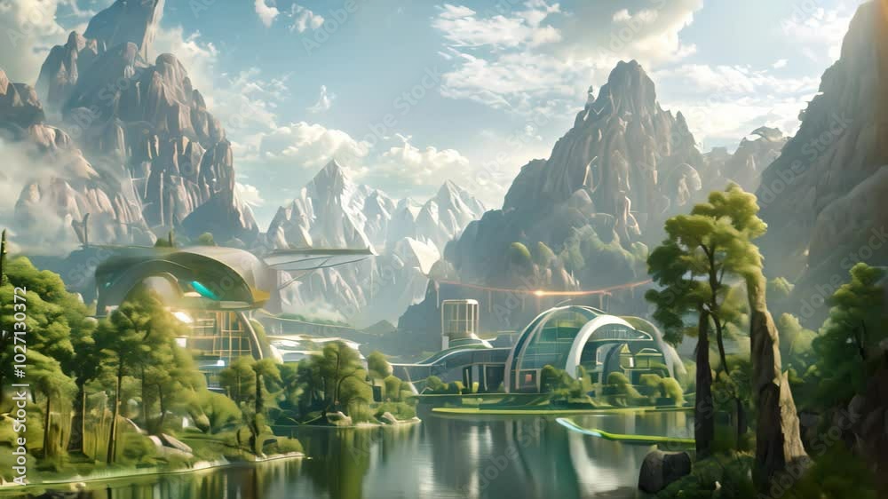 A futuristic city nestled amidst towering mountains, featuring ...