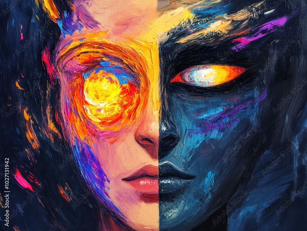 A striking digital artwork featuring a split face: one side radiates ...