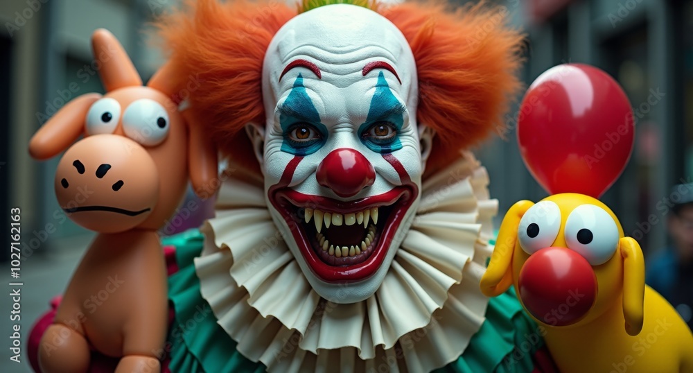 An evil clown with smeared makeup and an oversized red nose flashes a ...