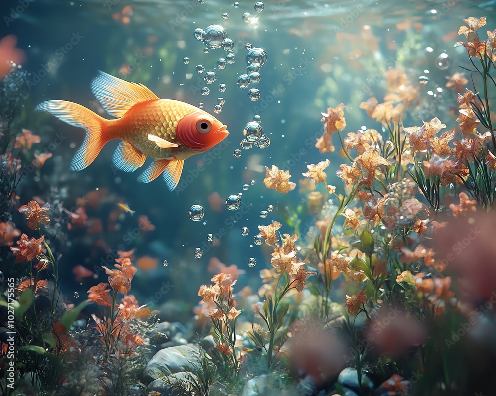 Dreamlike underwater landscape showcasing fantastical fish and plants ...