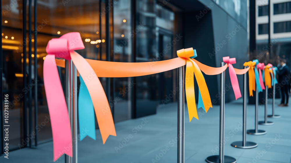 Colorful ribbons tied to stanchions forming a decorative barrier in ...