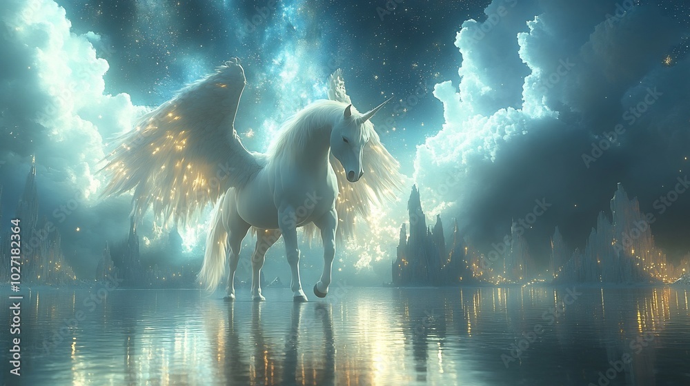 Ultrarealistic and ethereal image of Pegasus illuminated by celestial ...