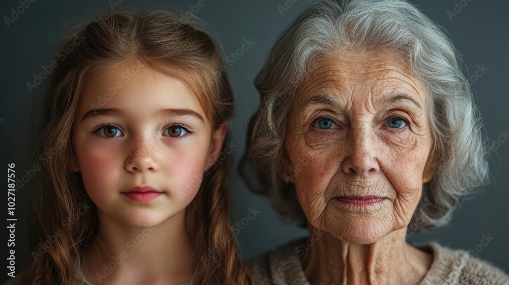 Grandmother and young girl portrait side by side, illustrating ...