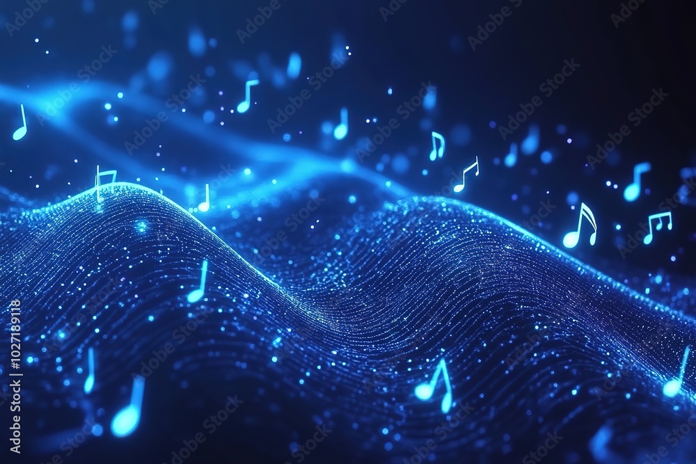 Blue background with glowing musical notes and waves, representing the ...