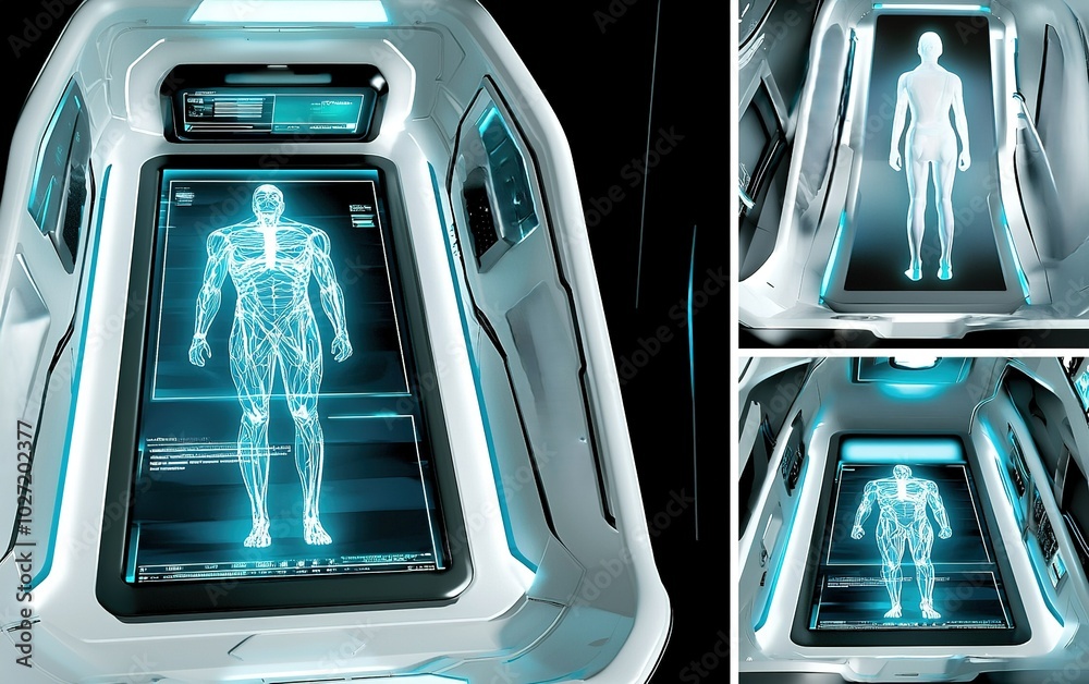 Futuristic medical bay with advanced holographic technology displaying ...