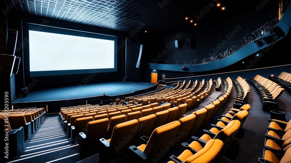 Interior of an empty modern cinema auditorium with curved seating ...