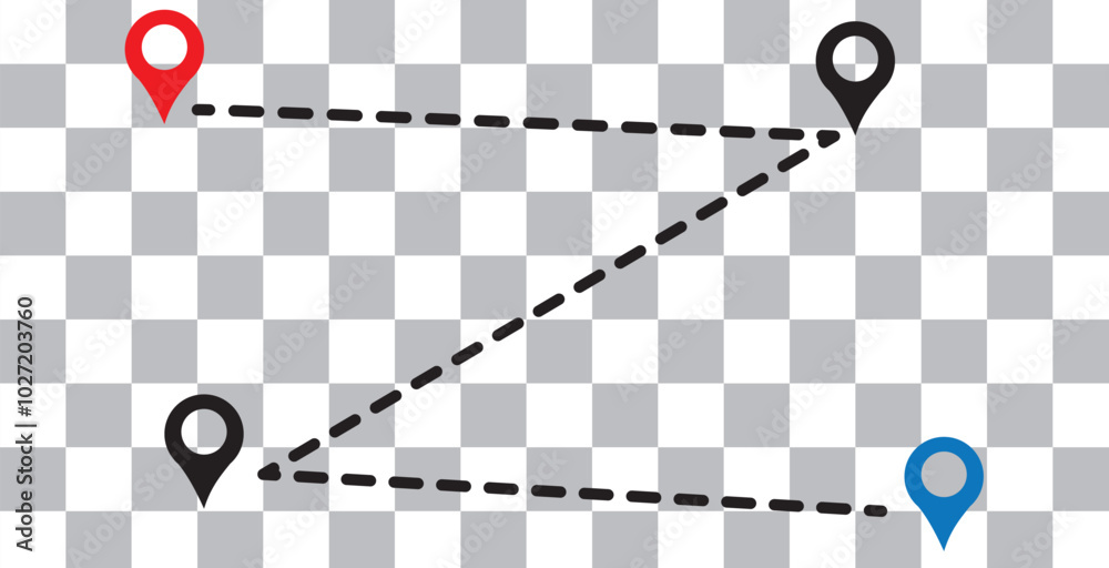 Route location icon, three map pin sign and road or path, start and end ...