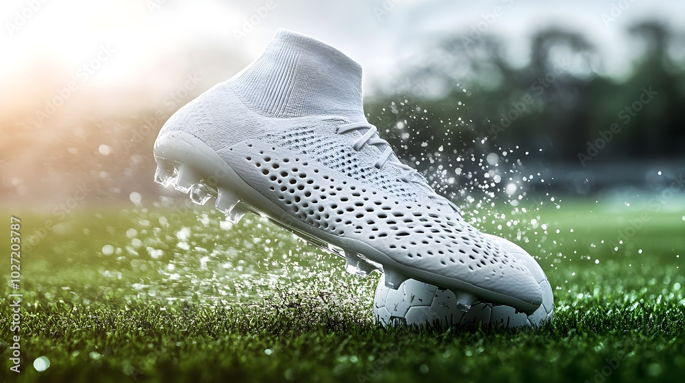 A dynamic side view of a football boot kicking a soccer ball, the ball ...