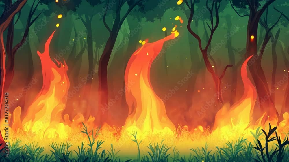 Fiery Forest: A vibrant, stylized illustration of a forest ablaze with ...