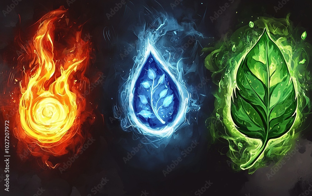 Elemental symbols representing fire, water, and earth in a vibrant ...