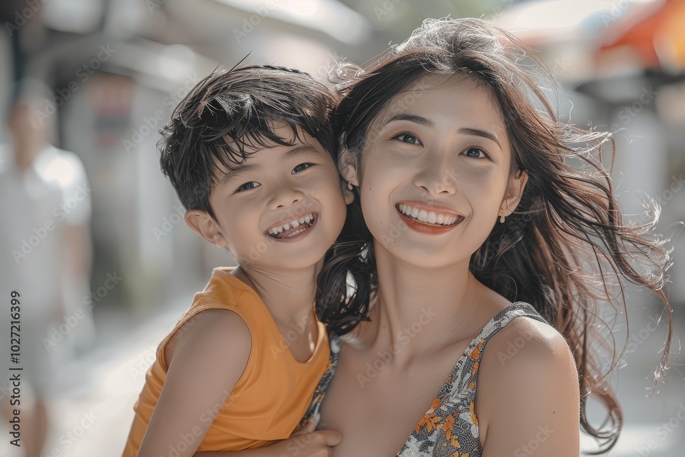 Asian mom and 10 year old kid, the kid is excited and happy while the mom looks at him, wearing ...