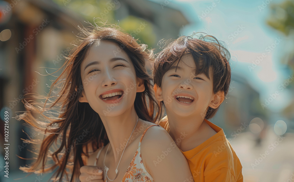 Asian mom and 10 year old kid, the kid is excited and happy while the mom looks at him, wearing ...