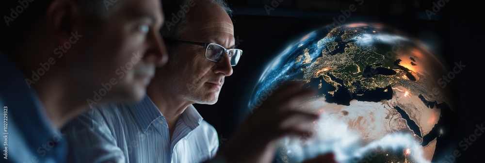 Two men stare intently at a globe hologram, highlighted by dark ...
